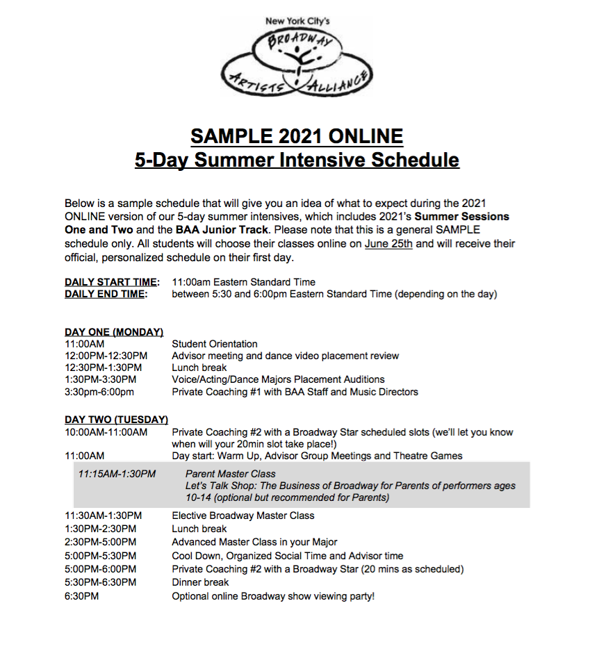 5 day online Sample Schedule | Broadway Artists Alliance
