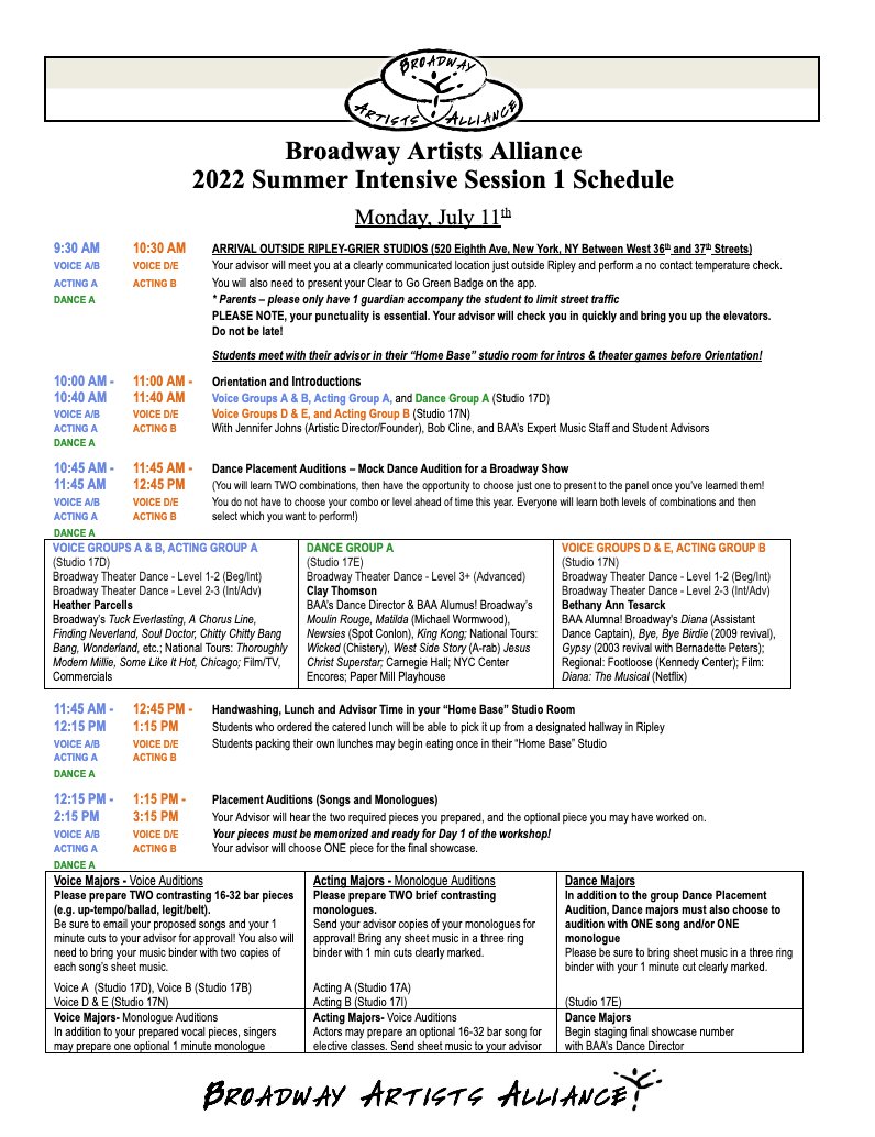 S1 Schedule Cover | Broadway Artists Alliance