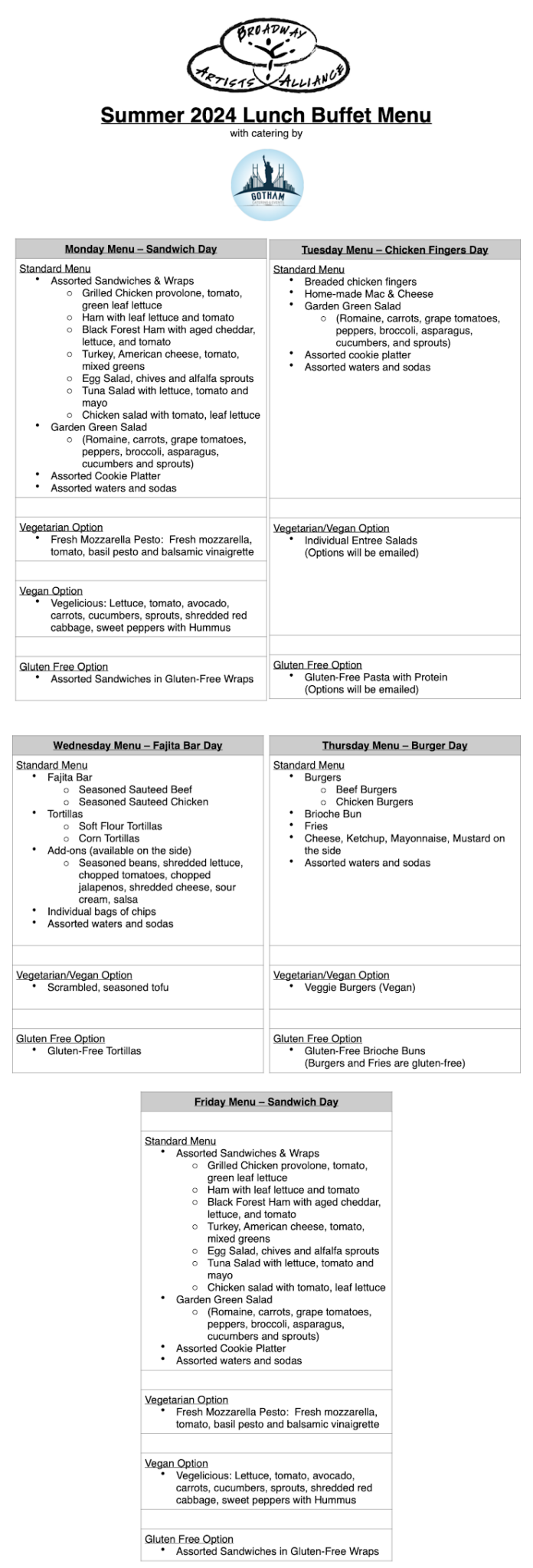 Meal Options | Broadway Artists Alliance